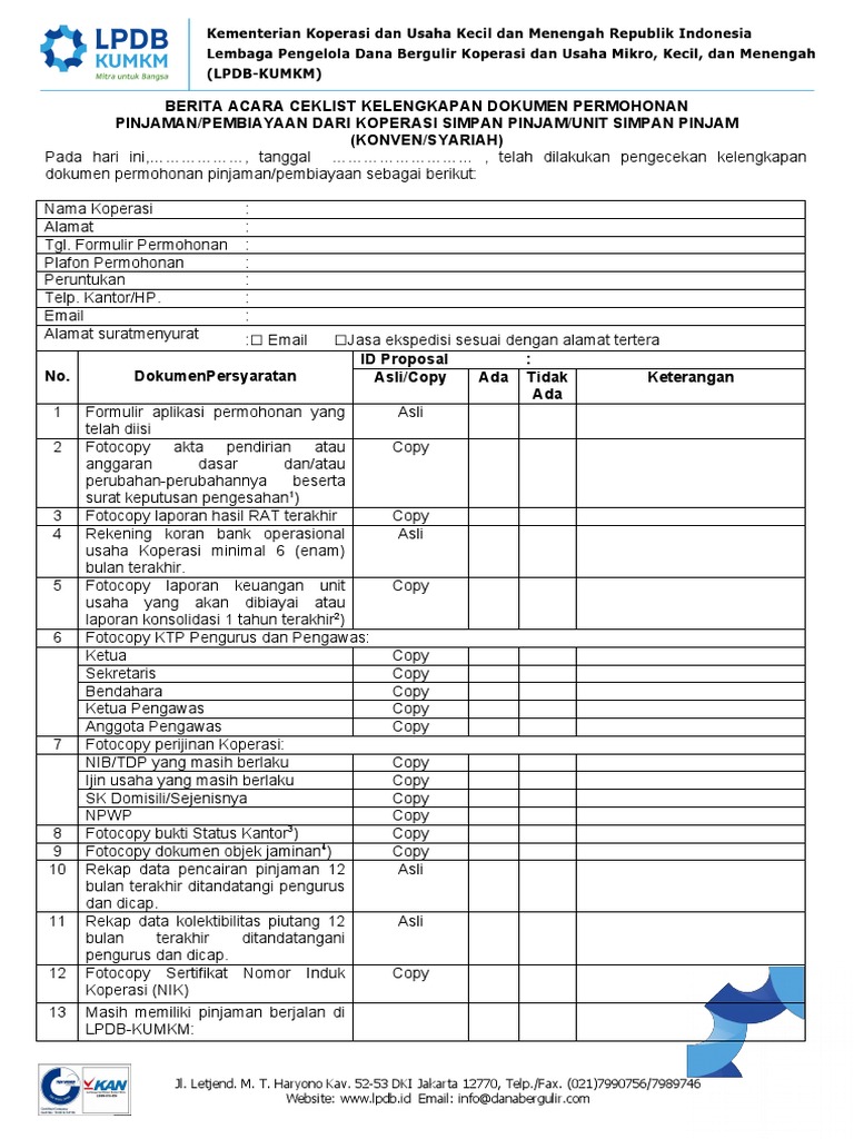 Berita Acara Checklist Simpan Pinjam Per Maret 2021 LPDB-KUMKM | PDF