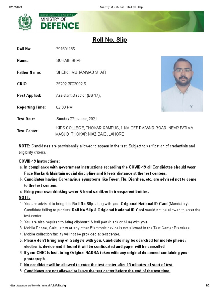 Ministry of Defence - Roll No. Slip | PDF | Business | Wellness