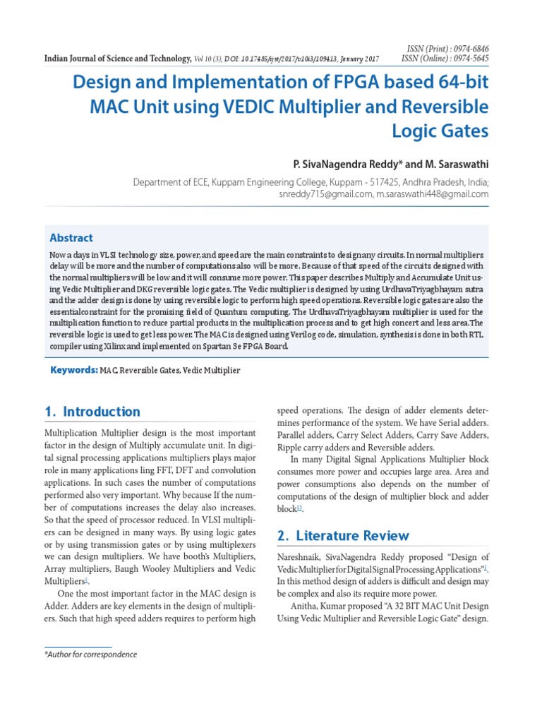 Design and Implementation of FPGA Based 64-Bit MAC Unit Using VEDIC Multiplier and Reversible ...