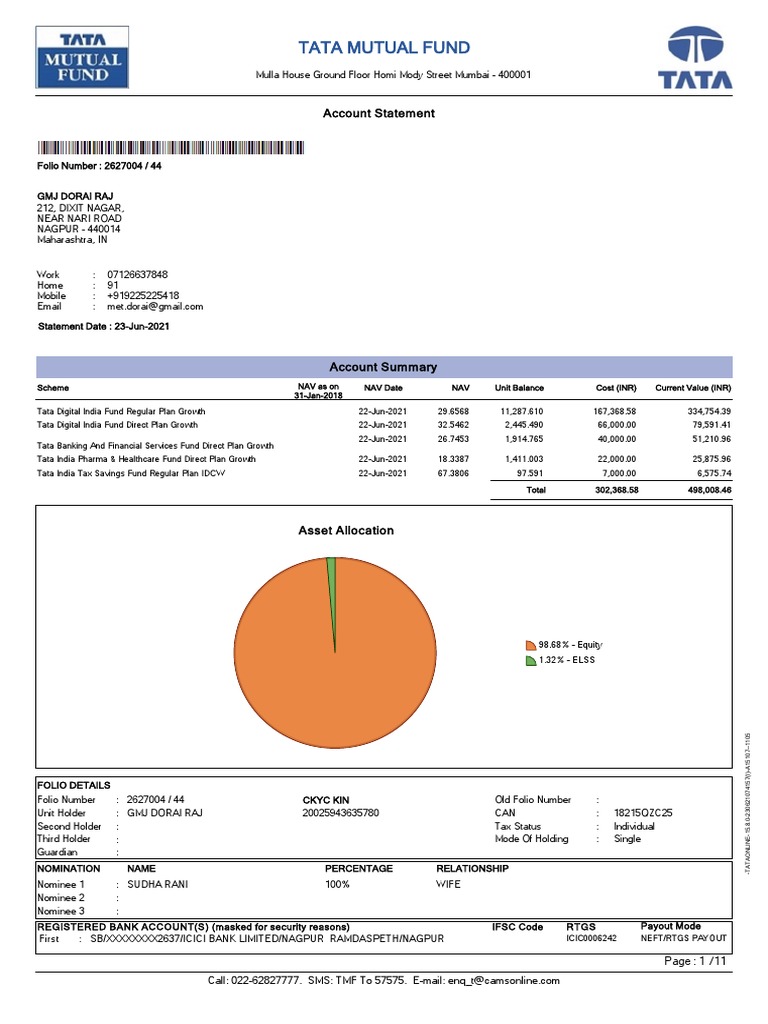 Tata Mutual Fund Account Statement | PDF | Mutual Funds | Financial ...