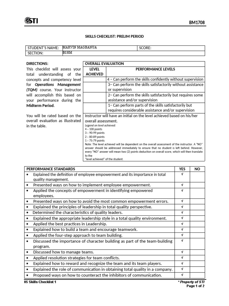 05 Skills Checklist 1 (6) - Answer | PDF | Empowerment | Team Building