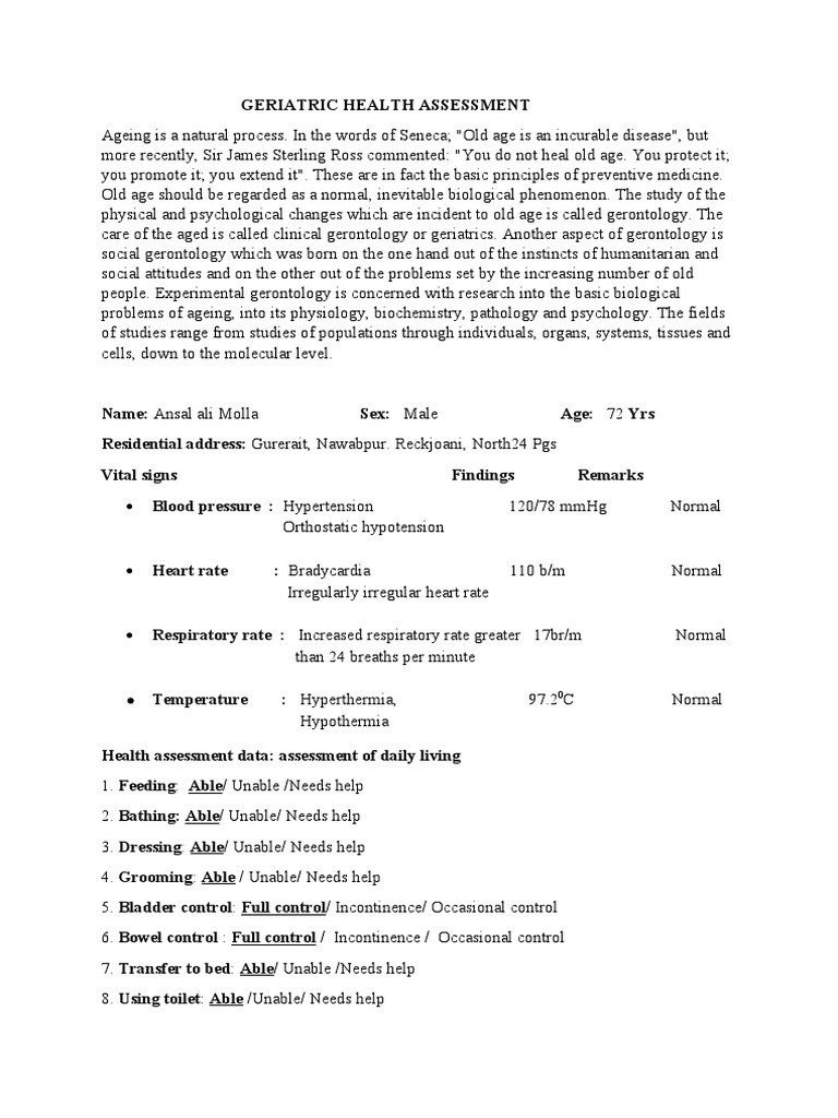 Geriatric Health Assessment Guide | PDF | Gerontology | Diabetes