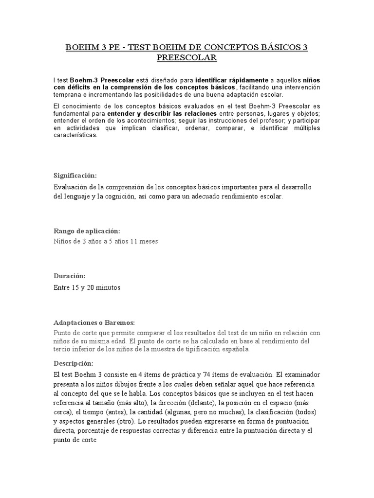 Test Boehm-3 Preescolar: Conceptos Básicos | PDF | Crecimiento personal ...