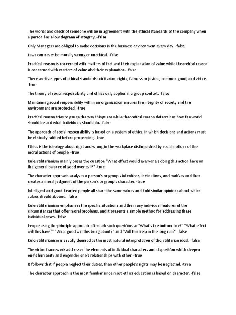 Business Ethics Answers Keys | PDF | Utilitarianism | Integrity