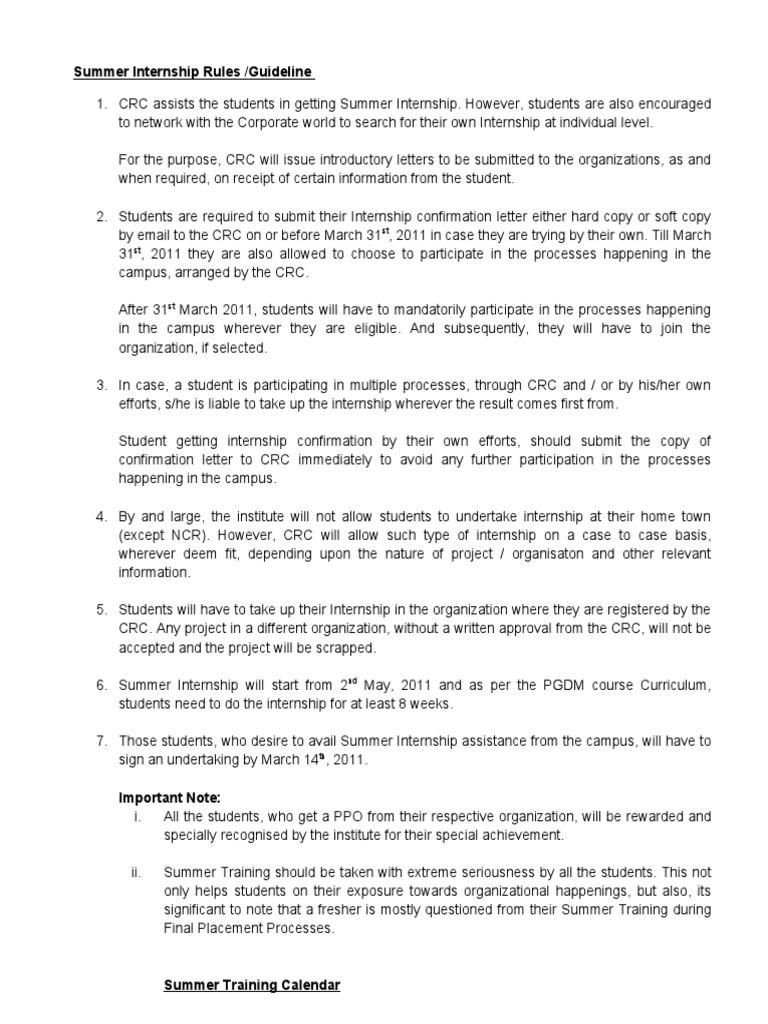 Summer Internship Rules Guideline | PDF | Internship | Job Hunting