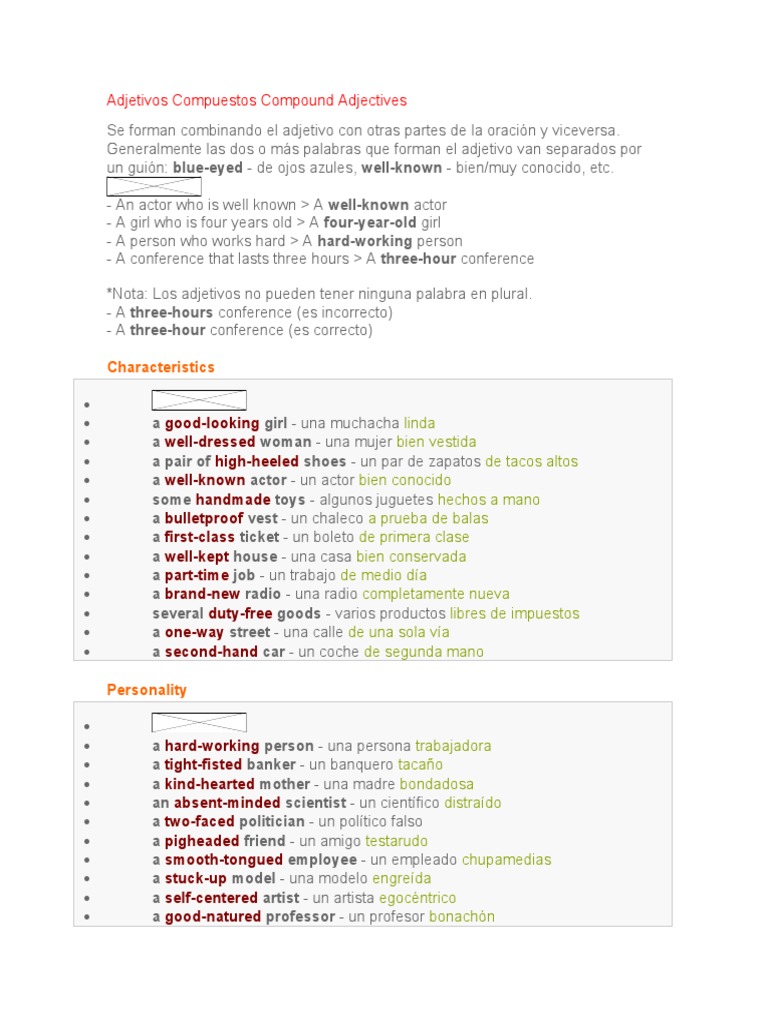 Adjetivos Compuestos Compound Adjectives Pdf Deportes