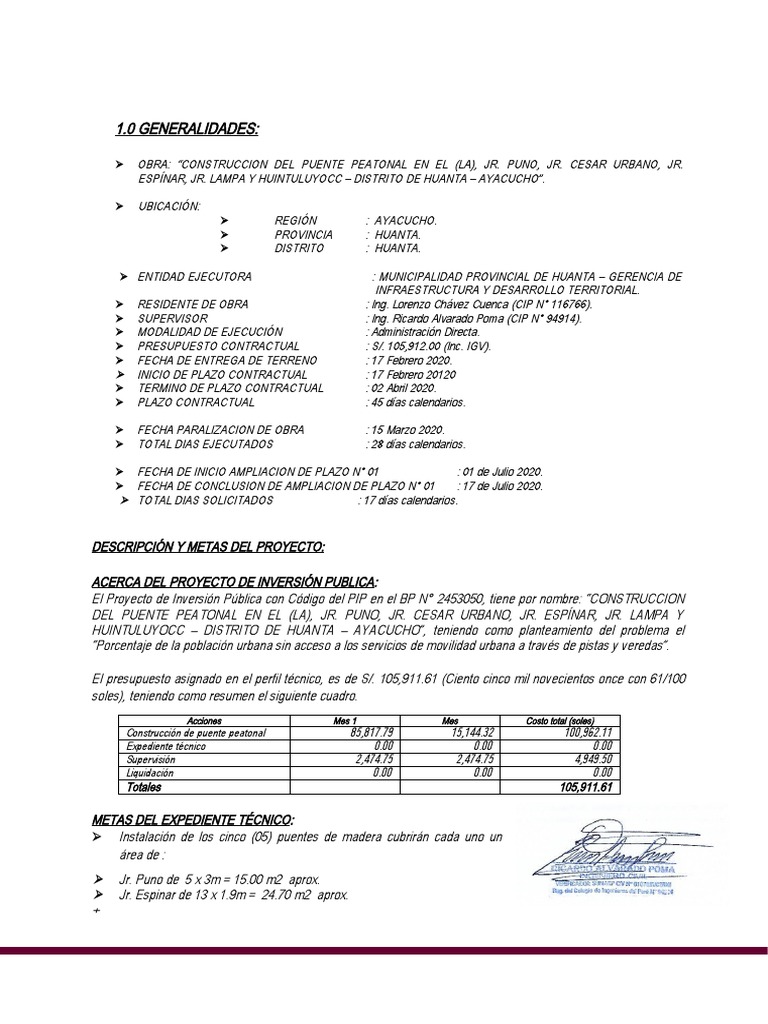 Informe Ampliacion de Plazo de Obra #01-2020 | PDF | Regulación | Presupuesto