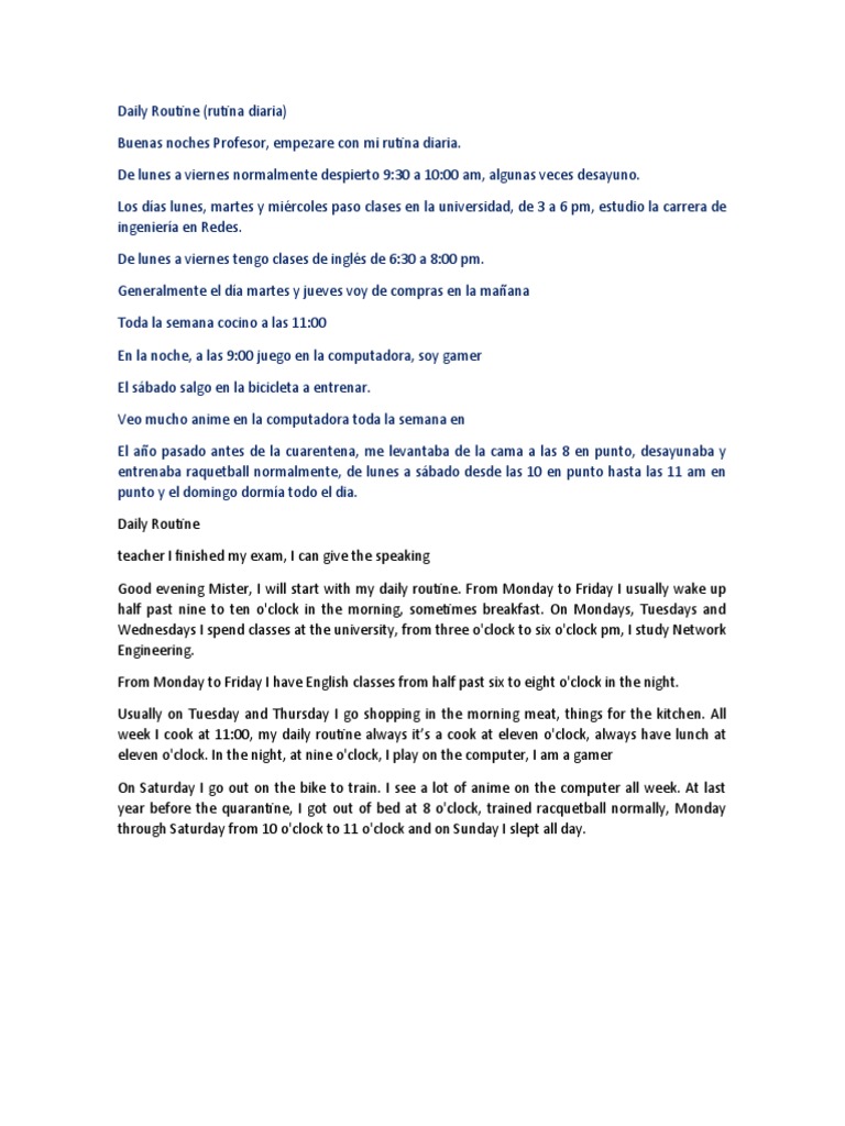 Daily Routine (Rutina Diaria) | PDF | Cocina, comidas y vino | Hogar ...