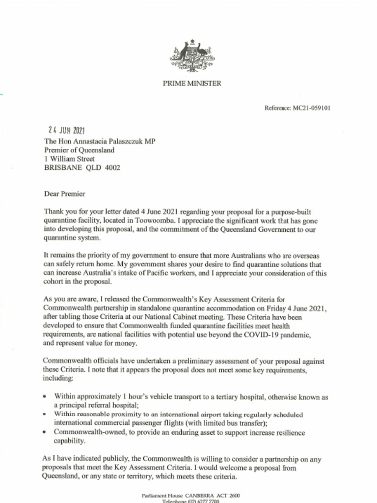 Letter From Prime Minister Scott Morrison To Premier Annastacia ...
