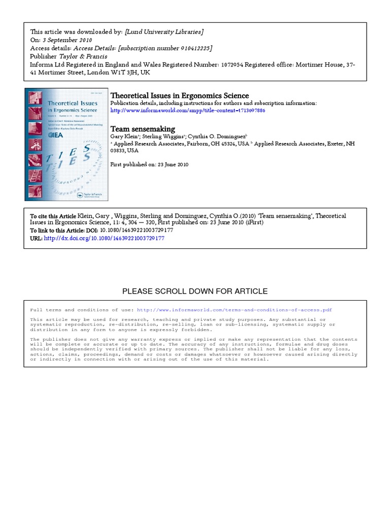 Klein Et Al 2010 - Team Sensemaking | PDF | Psychological Concepts ...