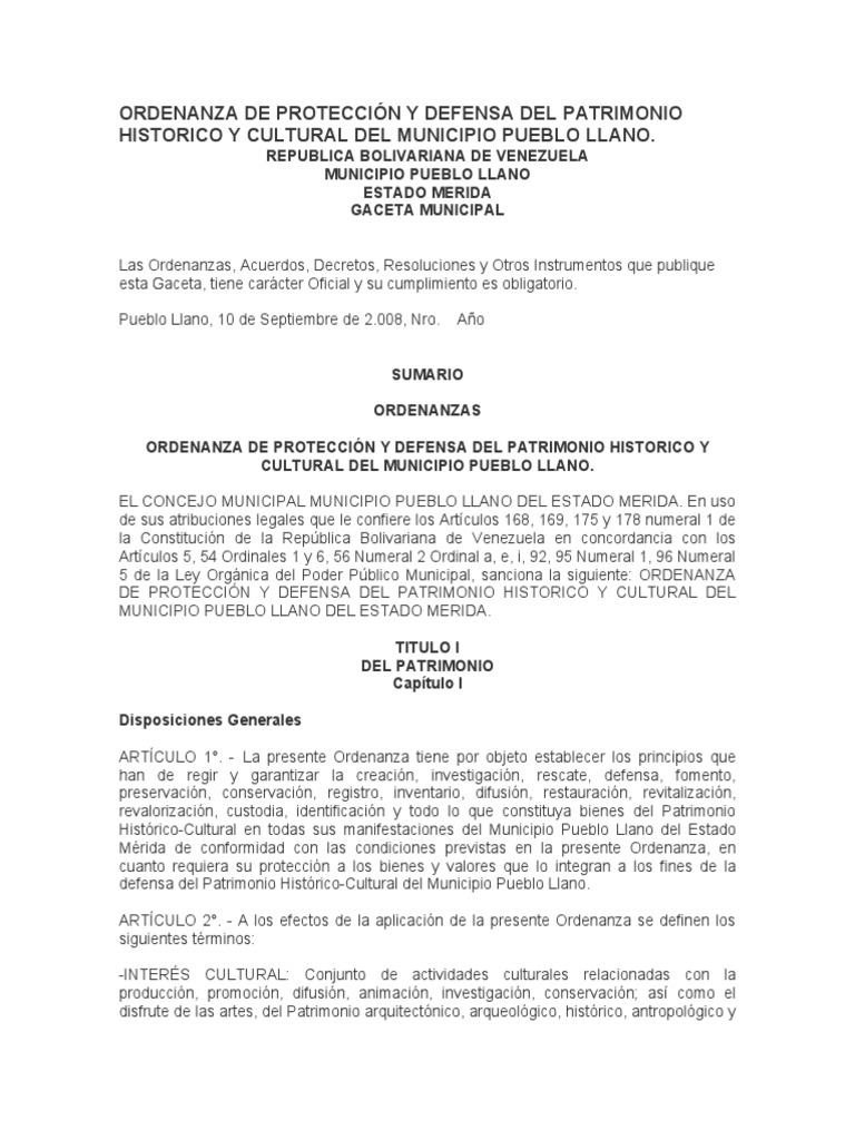ORDENANZA DE PROTECCIÓN Y DEFENSA DEL PATRIMONIO HISTORICO Y CULTURAL DEL MUNICIPIO PUEBLO ...