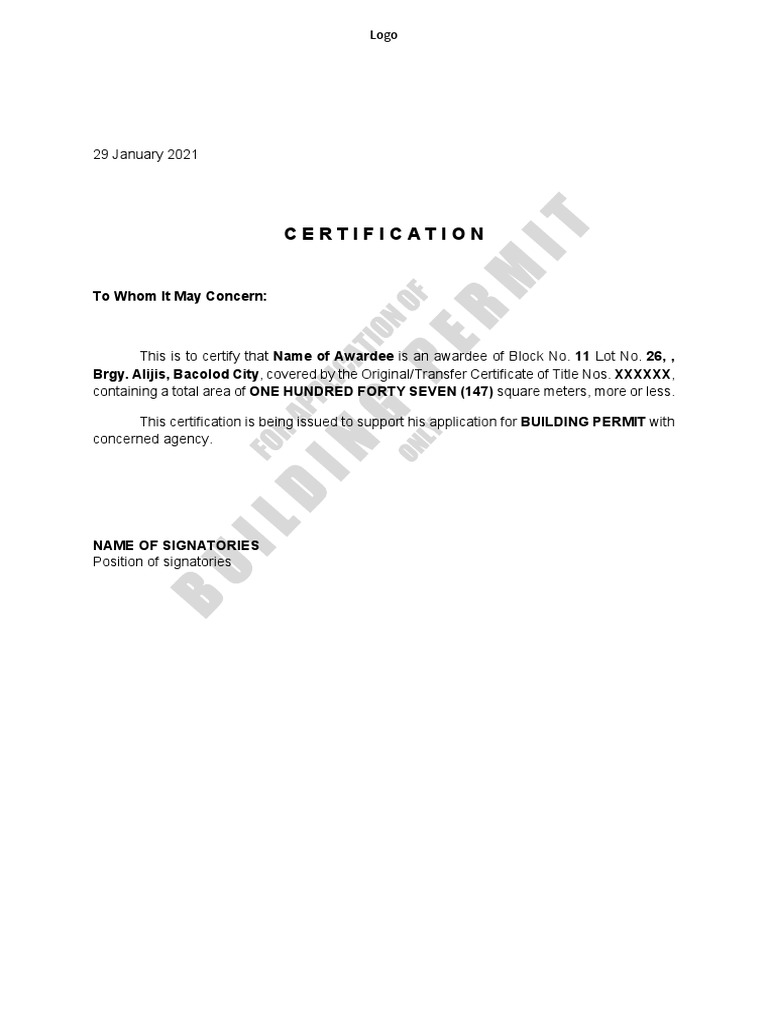 Certification For Building Permit Sample | PDF