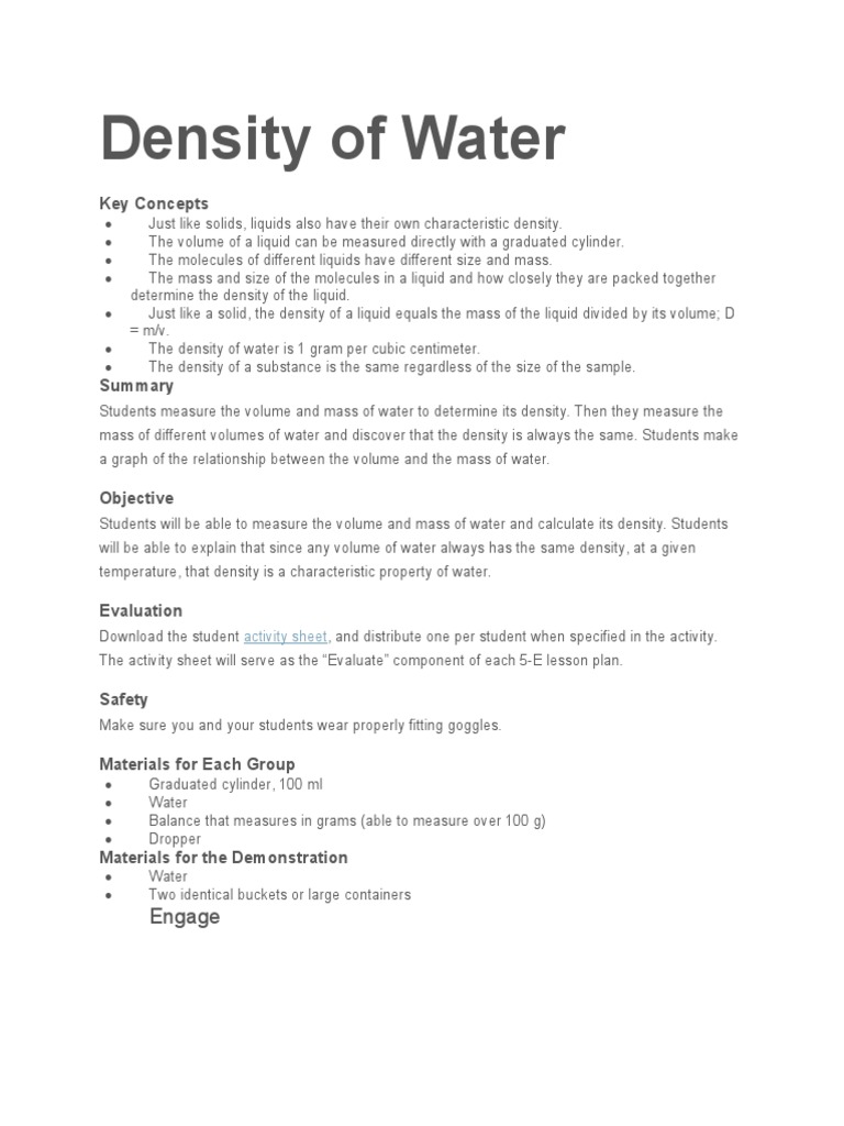 Density of Water: Key Concepts | PDF