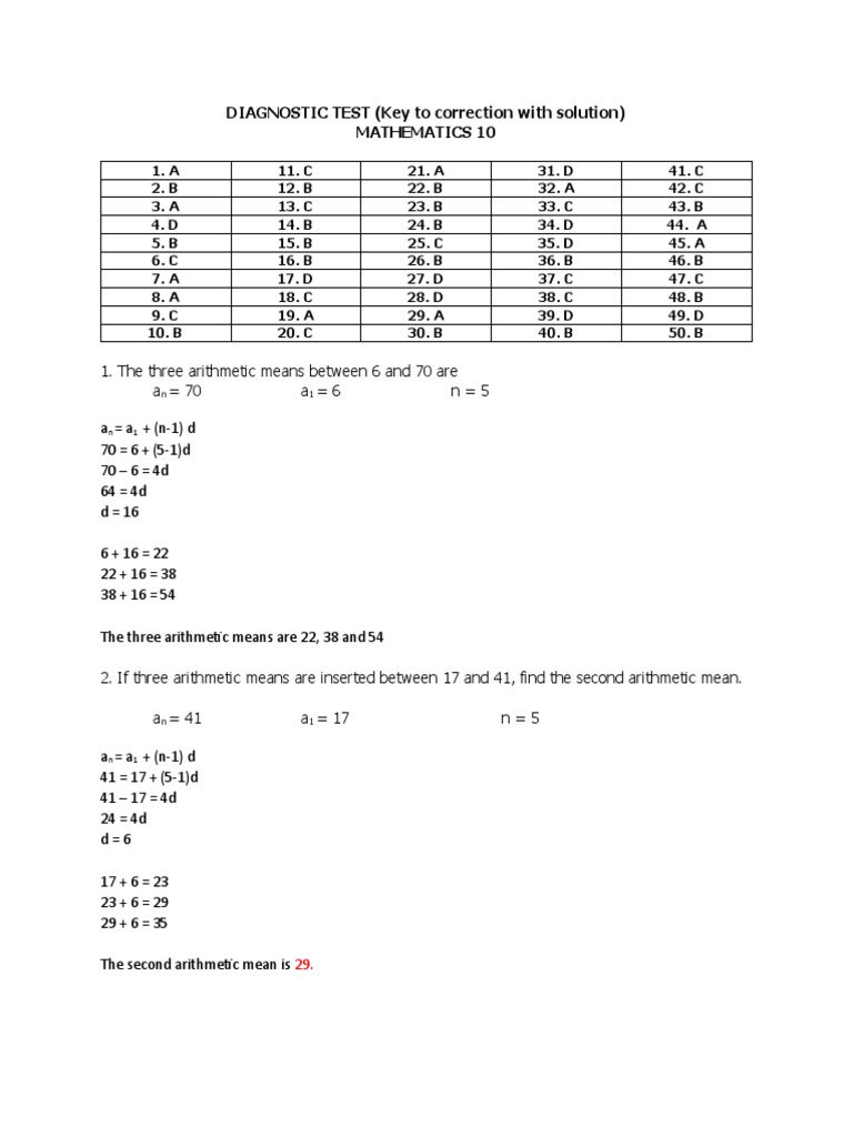 Math 10 Diagnostic Test Solutions | PDF | Percentile | Circle