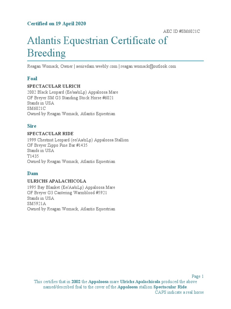 Atlantis Equestrian Certificate of Breeding | PDF