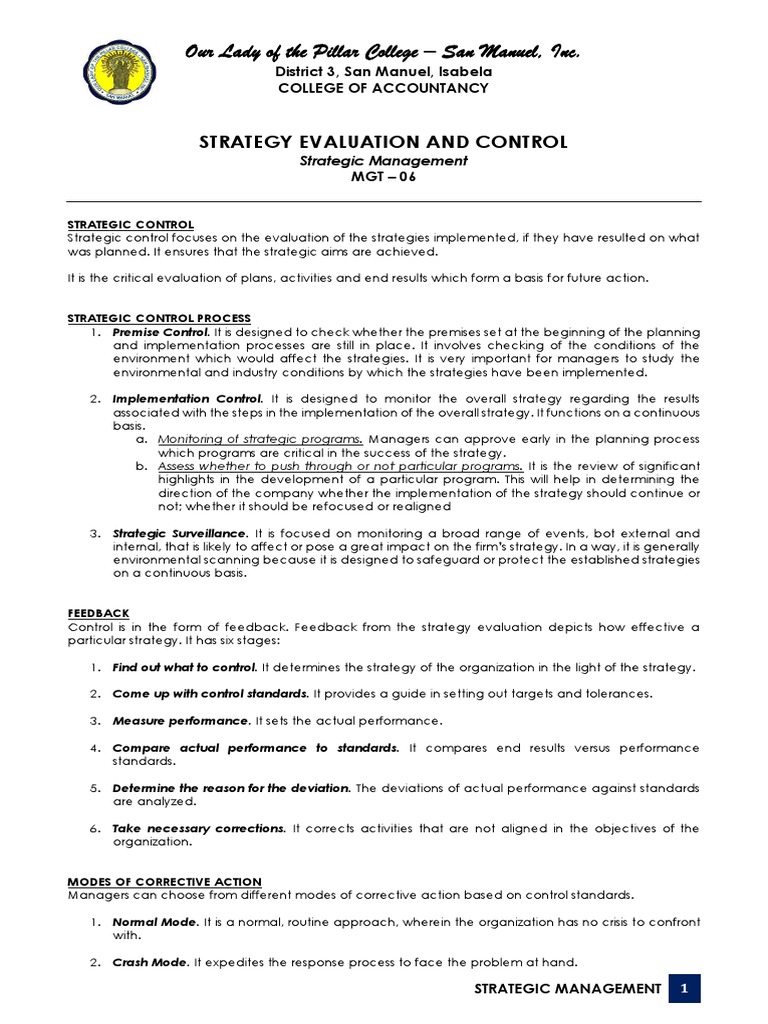 Strategic Management: Evaluation & Control | PDF | Strategic Management ...