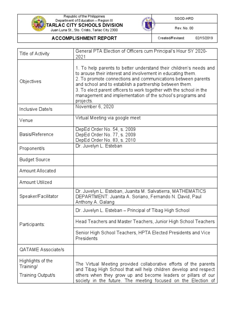 GPTA Election of Officers Cum Principals Hour Accomplishment Report ...