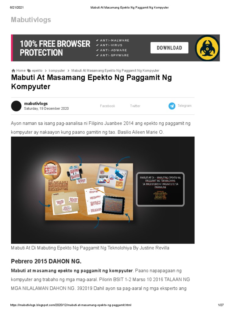 Mabuti at Masamang Epekto NG Paggamit NG Kompyuter | PDF