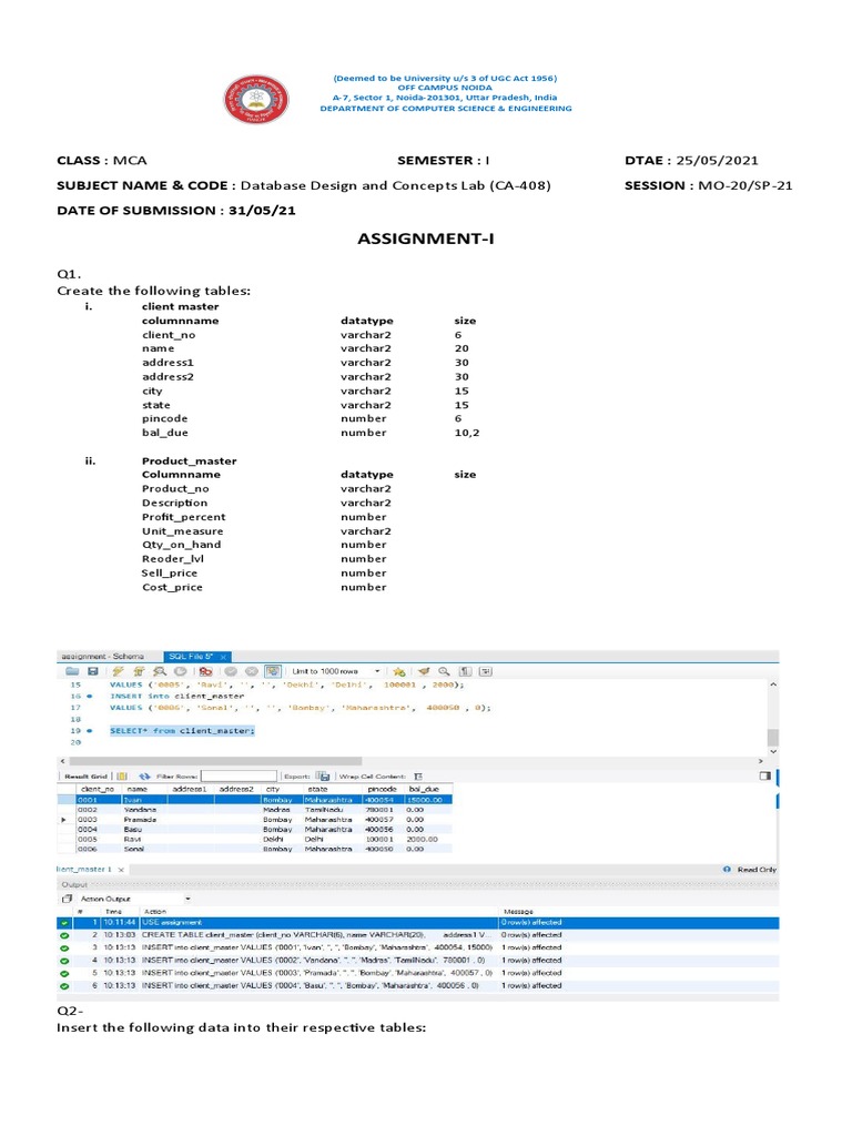 MCA Database Lab Assignment | PDF | Data Management | Databases