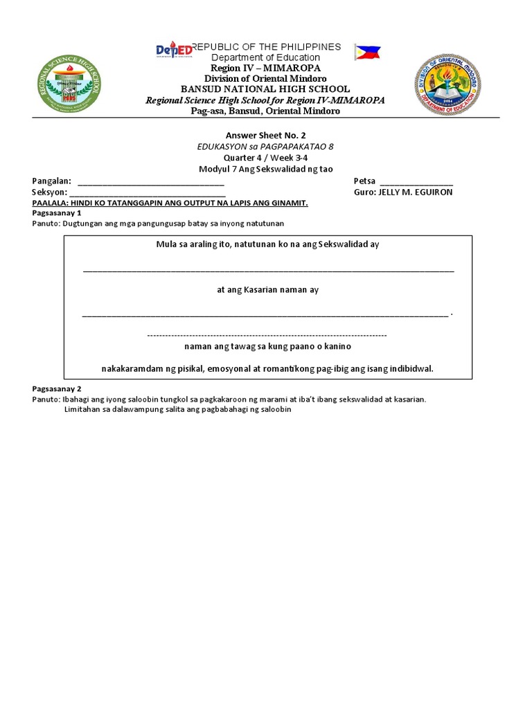 Esp 8 Q4 W3-4 Ans. Sheet | PDF