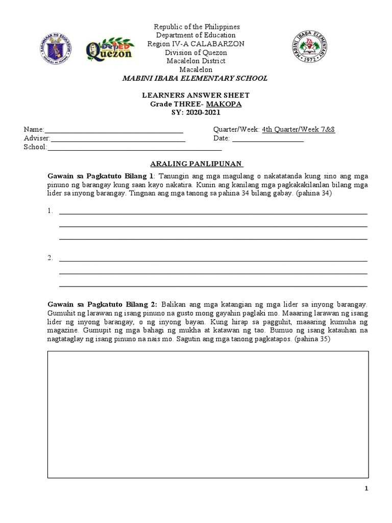 Learners Answer Sheet Week 7 & 8 | PDF