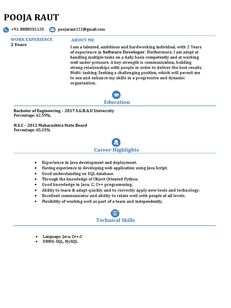 Pooja Raut Resume - Java Developer | PDF | Java Script | Databases Pooja Raut Resume - Java Developer | PDF | Java Script | Databases