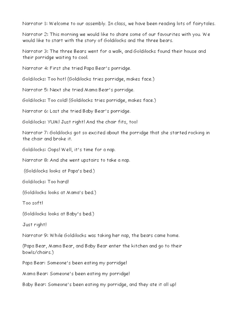 Fairytale Play Script | PDF | Goldilocks And The Three Bears | Little ...