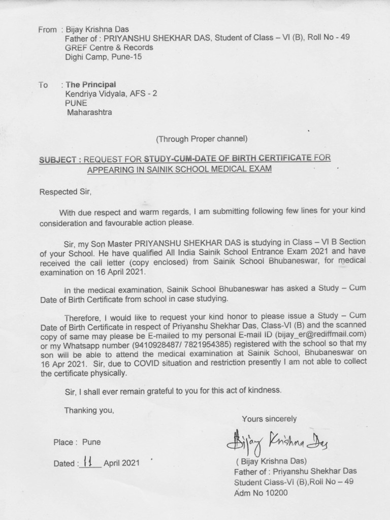 Application For Study Cum Dob Certificate | PDF