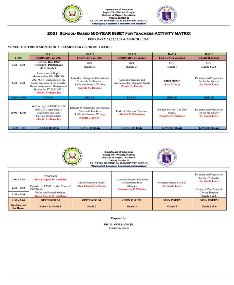 2021 School-Based MID-YEAR INSET For Teachers ACTIVITY MATRIX | PDF ...