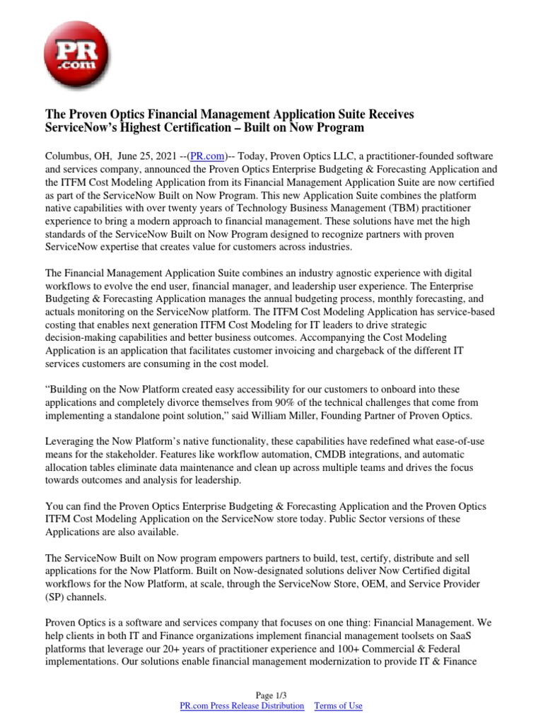 The Proven Optics Financial Management Application Suite Receives ...