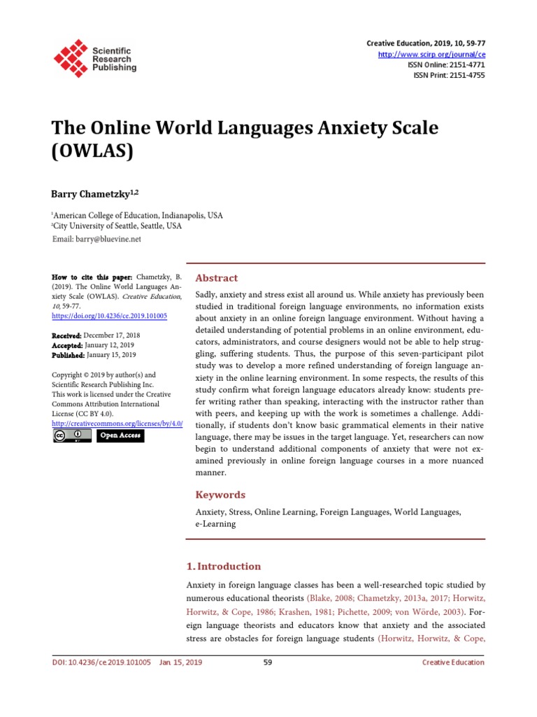The Online World Languages Anxiety Scale (Owlas) : Barry Chametzky ...