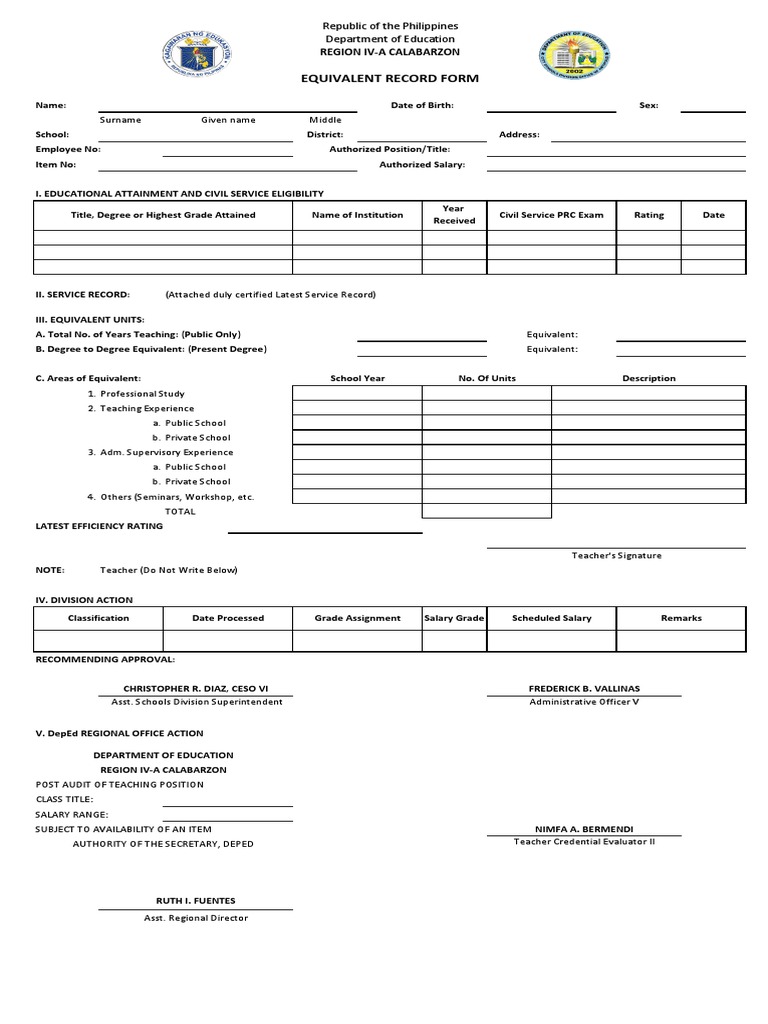 Equivalent Record Form: Region Iv-A Calabarzon | PDF | Teachers | Schools