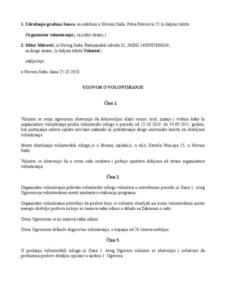 Primer Ugovora o Volontiranju | PDF