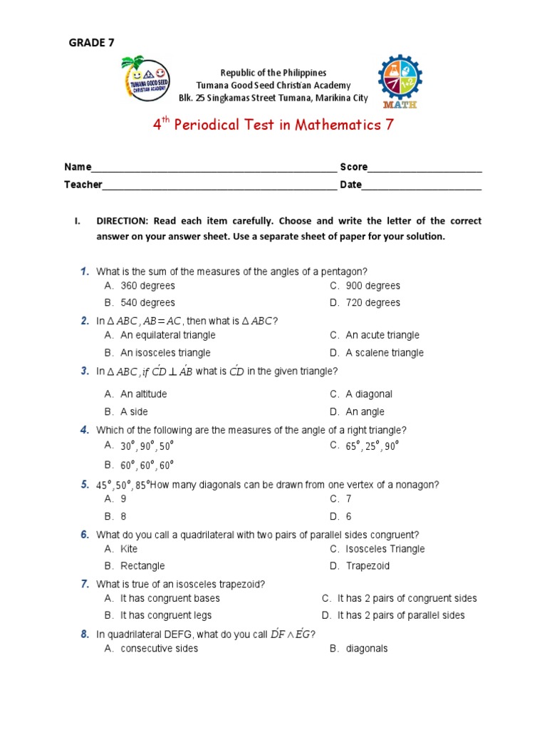 Grade 7 Math 4th Periodical Test | PDF | Triangle | Circle