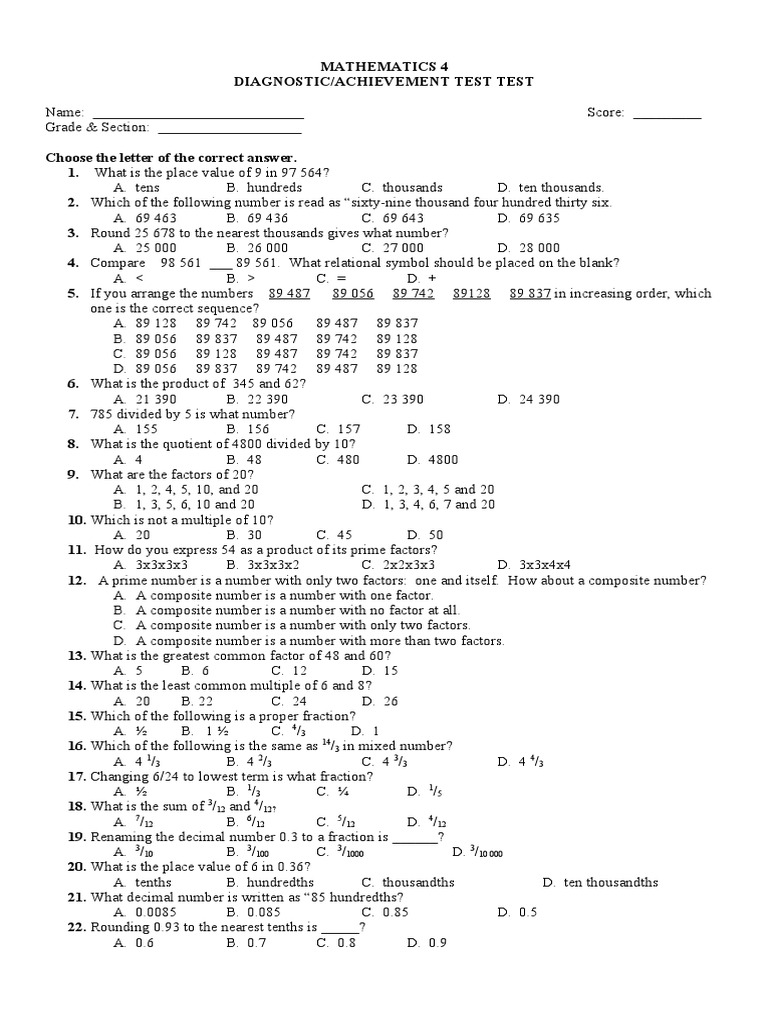 Pre-Test - Mathematics 4 | PDF | Space | Mathematical Objects