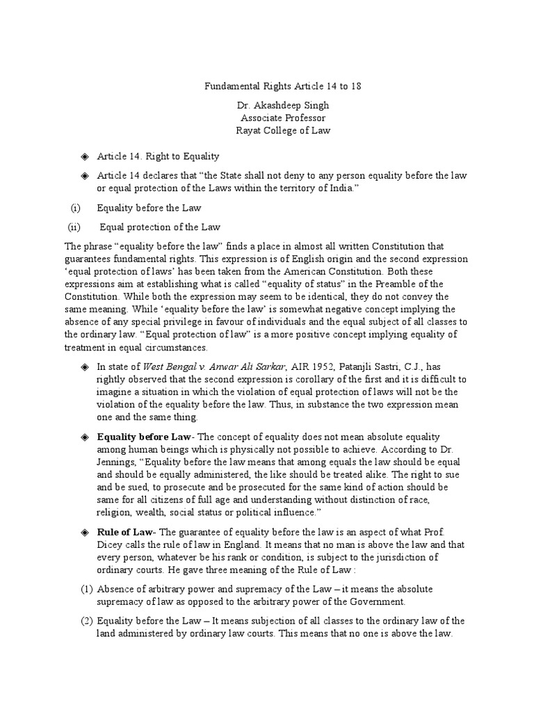Overview of Articles 14-18: Right to Equality | PDF | U.S. State ...