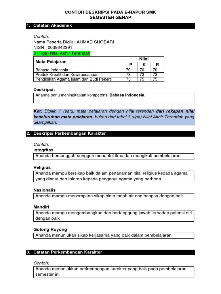 CONTOH DESKRIPSI PADA E RAPOR - Semester Genap | PDF