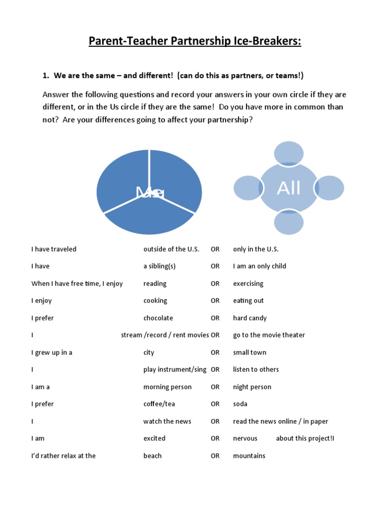 You Us Me: Parent-Teacher Partnership Ice-Breakers | PDF