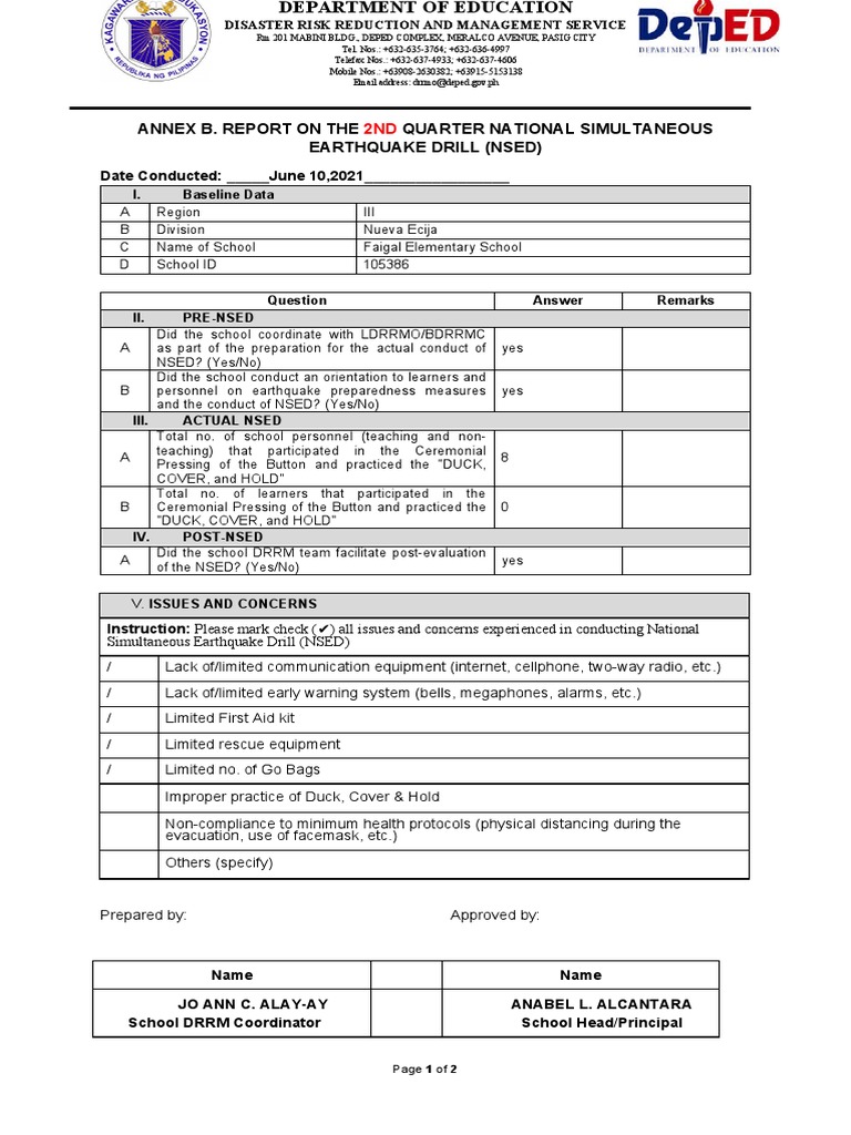 Annex B. Report On The Quarter National Simultaneous Earthquake Drill ...
