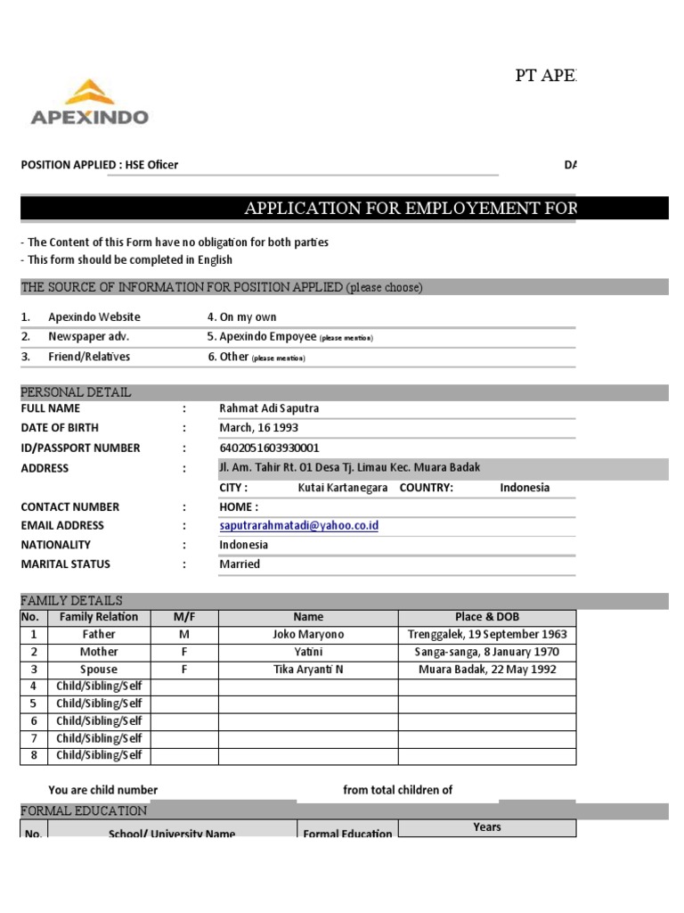 Rahmat Adi S. - Employment Application Form | PDF