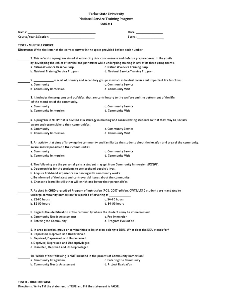 Quiz # 1: Tarlac State University National Service Training Program | PDF | Human Nature ...