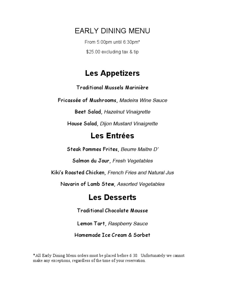 Early Dining Menu | PDF