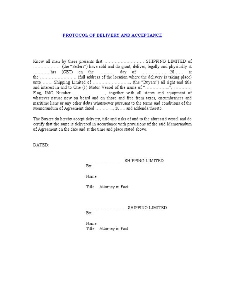 Protocol of Delivery and Acceptance | PDF