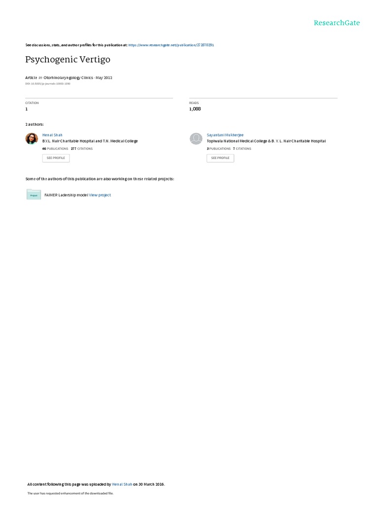 Psychogenic Vertigo | Download Free PDF | Vertigo | Mental Disorder