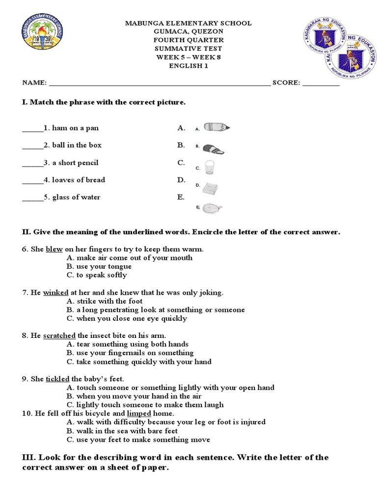I. Match The Phrase With The Correct Picture | PDF | Sports