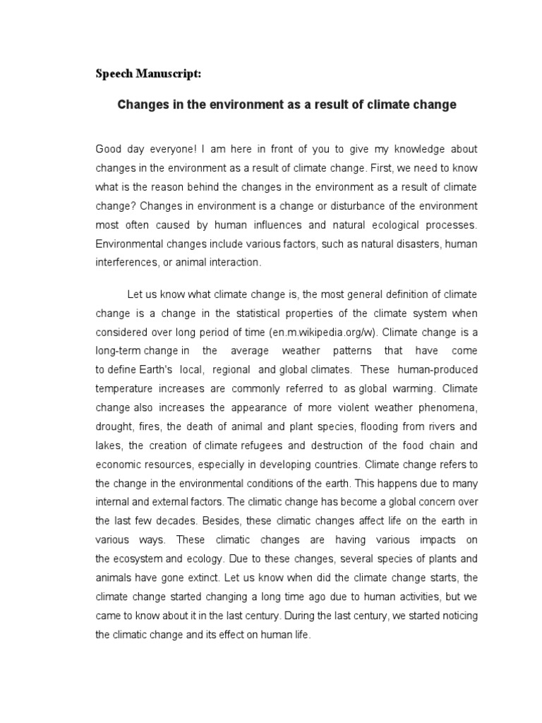 Changes in The Environment As A Result of Climate Change: Speech ...