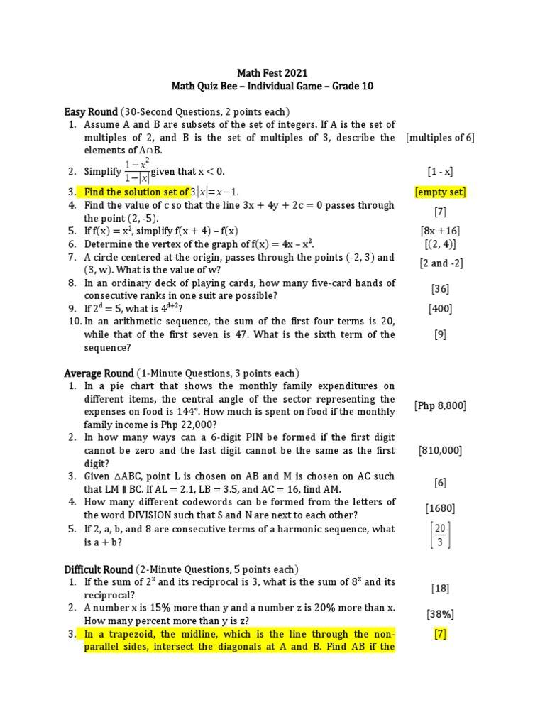 Math Quiz Bee Questions | PDF | Rectangle | Triangle