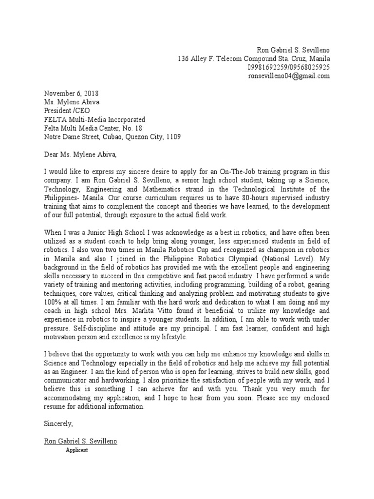 Application Letter (Immersion) | PDF | Robotics | Mentorship