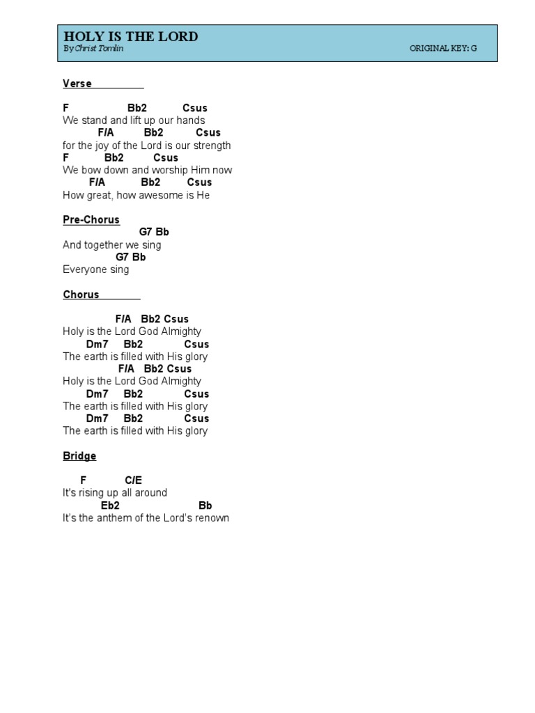 Holy Is The Lord: by Christ Tomlin Original Key: G | PDF