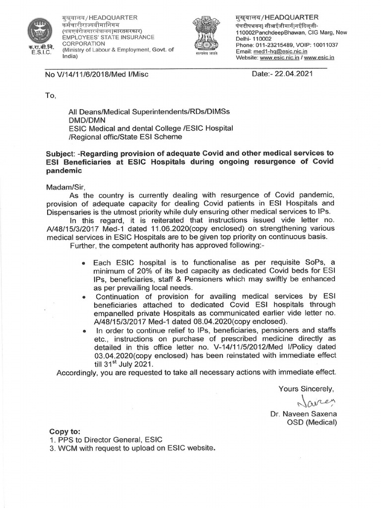 ESIC Circulars Regading COIVD Treatment | PDF